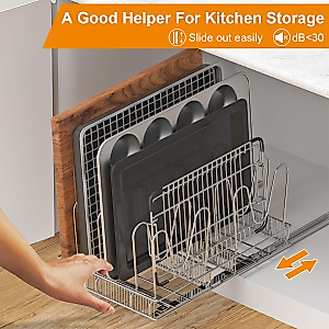 VyGrow Pots and Pans Organizer, Pull Out Pot and Pan Organizer for Cabinet Kitchen Pantry with 10 Adjustable Dividers, Heavy Duty Pan Organizer Rack 11Wx17.5Dx8.34H inch