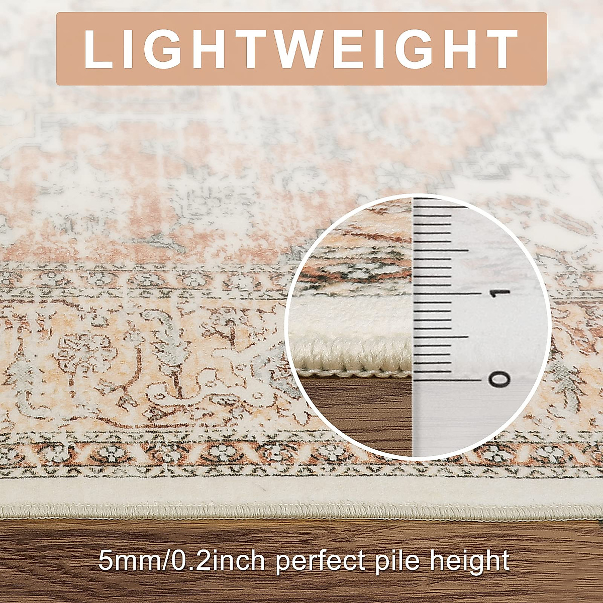 Moespace Washable Area Rug 5x7 ft, Oriental Living Room Rug Boho Nursery Rug for Bedroom, Non-Slip Carpet Print Distressed Retro Entryway Rug for Laundry Dining Room Office Hall, Orange