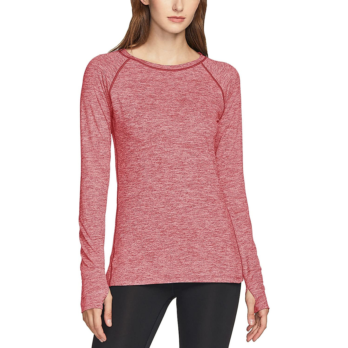 TSLA Women's Long Sleeve Shirts, Lightweight Crewneck Yoga Workout Tops, Athletic Sports Performance Running T-Shirts, Stretch Crew Spacedye Dusty Rose, X-Large