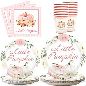 Pumpkin Party Supplies Tableware Set - Fall Theme Party Decorations Including Plates, Napkins and Cups for Pumpkin Birthday and Baby Shower Party, Serves 24 Guests (pink)