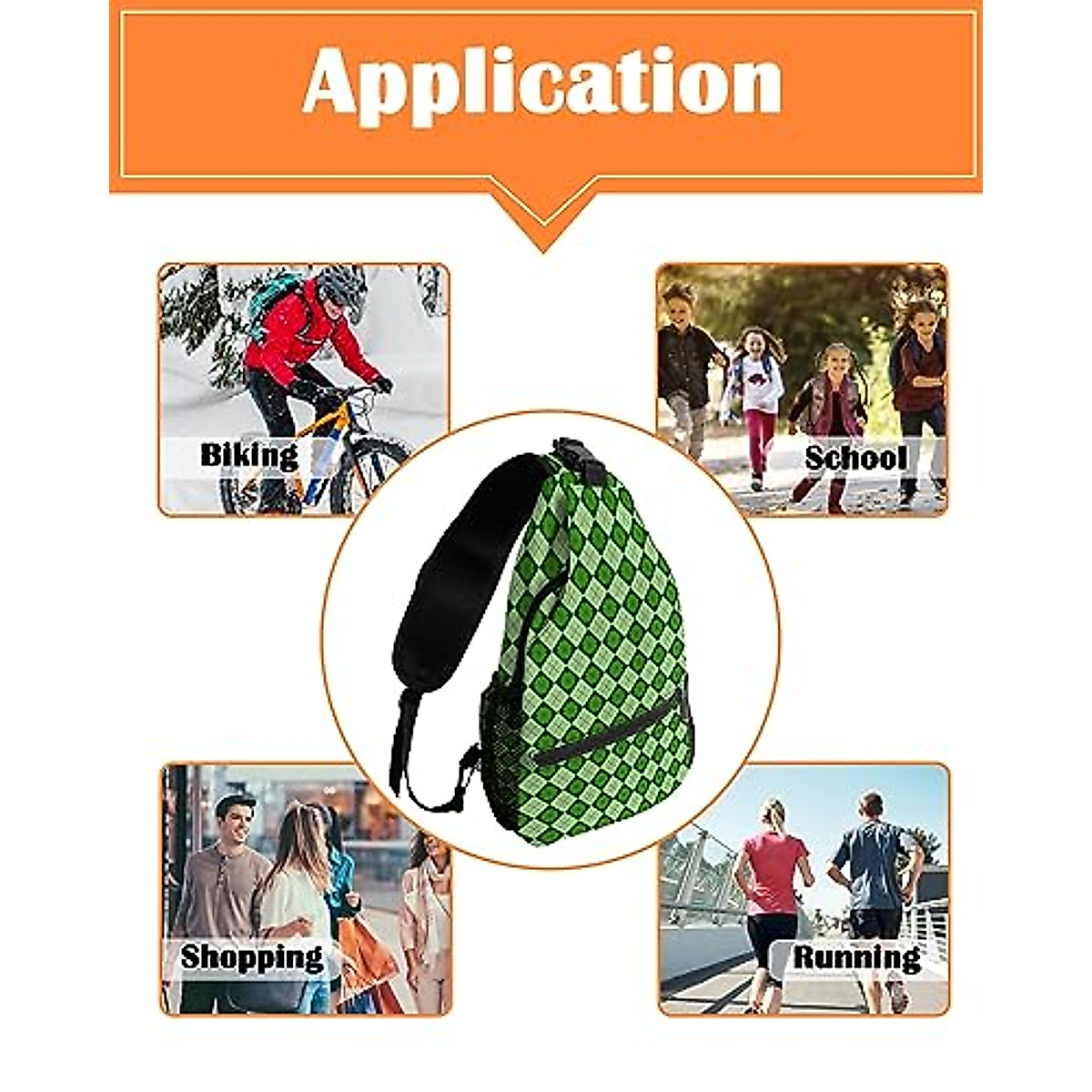 Sling Backpack, St. Patrick's Day Shamrock Green Diamond Lattice Waterproof Lightweight Small Sling Bag, Travel Chest Bag Crossbody Shoulder Bag Hiking Daypack for Women Men