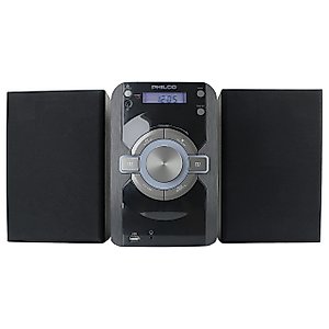 Philco Mini Stereo Shelf Systems CD Player with Digital FM Radio, Bluetooth Streaming, Remote Control in Black | LCD Display | 3.5mm Headphone Jack | MP3 & AUX Port Compatible | USB Playback