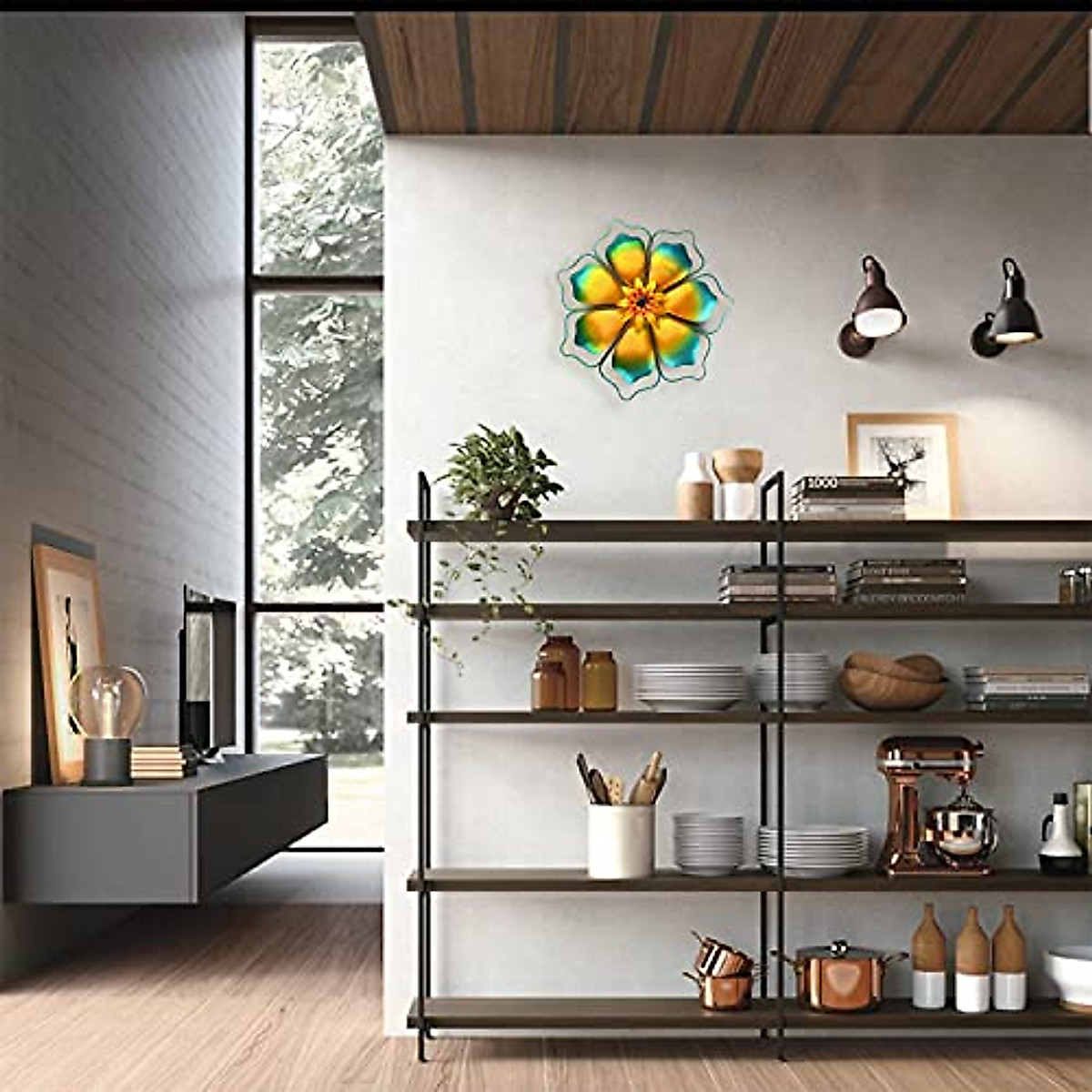 Metal Flowers Wall Decor Wire Framed Flower Metal Wall Art Decorations Hanging For Outdoor Porch Yard Garden,Blue 12x12 inches