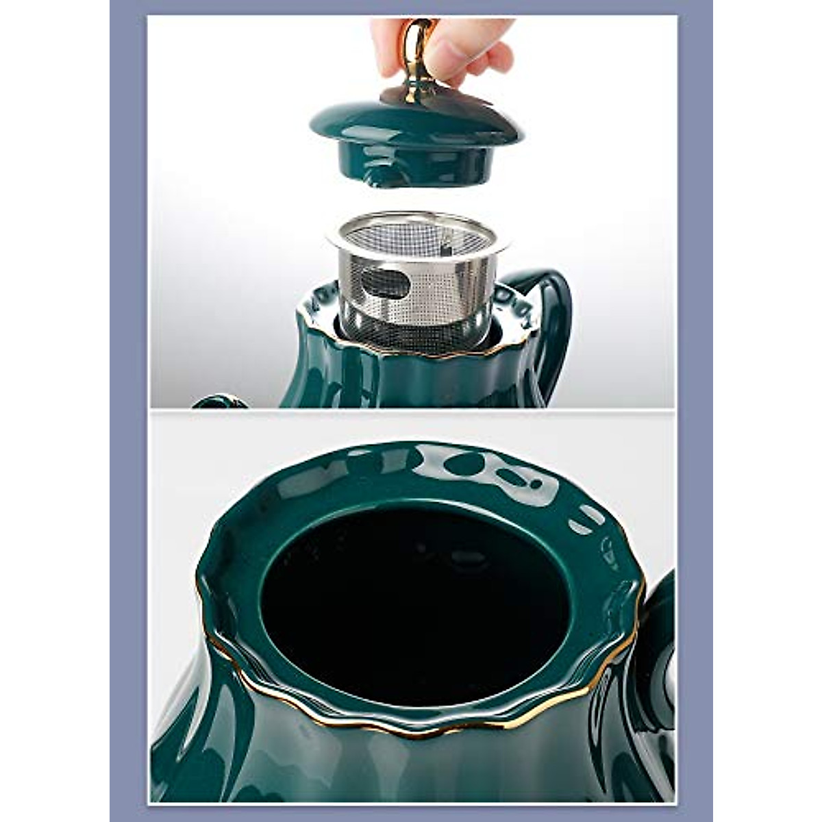 Amazingware Porcelain Tea Set - Tea Cup and Saucer Set Service for 6, with 28 ounces Teapot Sugar Bowl Cream Pitcher Teaspoons and Tea Strainer - for Thanksgiving - Pumpkin Fluted Shape, Dark Green