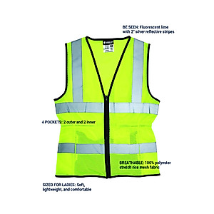 MCR Safety LVCL2MLM Ladies Sized Class 2 Lightweight Safety Vest, Silver Reflective Stripe, Zipper Front, Lime, Medium