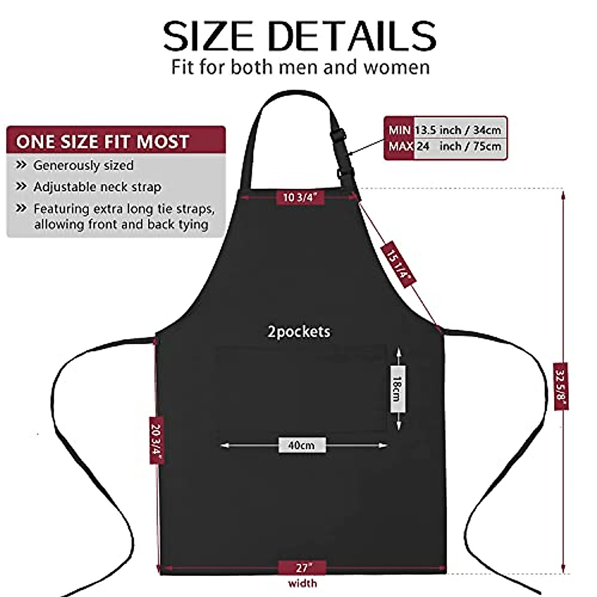 WOPOKY Cotton Blend Waterproof Apron With 2 Pockets for Men Women - Cooking Kitchen Chef Arpon BBQ Work Painting Apron - Black/Burgundy/Dark Geen/Orange (1 Pack) (Black)