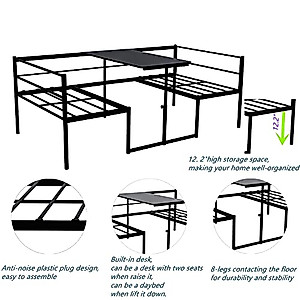 FULLJOJOR Twin Size Metal Daybed, Adjustable Sofa Bed Day Bed with Metal Slats and Convertible Built-in-Desk, No Box Spring Needed