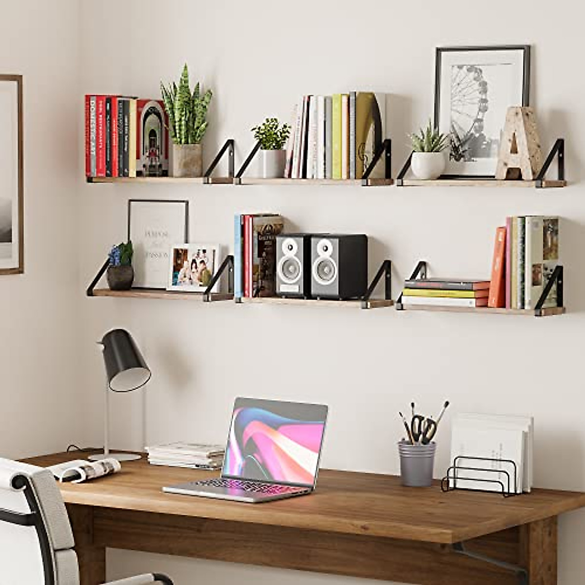 brightmaison BGT 17"x4.5" Monza Floating Shelves for Wall, Wall Bookshelf Living Room Decor, Kitchen Shelves, Rustic Floating Shelf Set for Office, Wall Shelves for Bedroom Burnt Set of 6