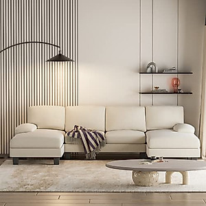 Flamaker Convertible Sectional Sofa Couch, Modern Fabric U-Shaped Living Room Furniture Set, 4-Seat Sectional Sleeper Sofa with Double Chaise & Memory Foam (White)