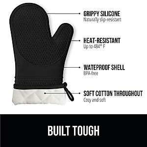 Gorilla Grip Silicone Oven Mitts Set of 2 and Silicone Baking Mats Set of 2, Silicone Oven Mitts are 14.5 Inch, Quarter Sheet Silicone Baking Mats, Both in Black Color, 2 Item Bundle