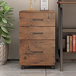 YQ JENMW File Cabinet 3 Drawers with 1 Lock, Wooden Rolling Mobile Filing Cabinet, Under Desk File Cabinet with Wheels, Removable File Cabinet for Home Office,Office Storage Cabinet Under Desk,Brown