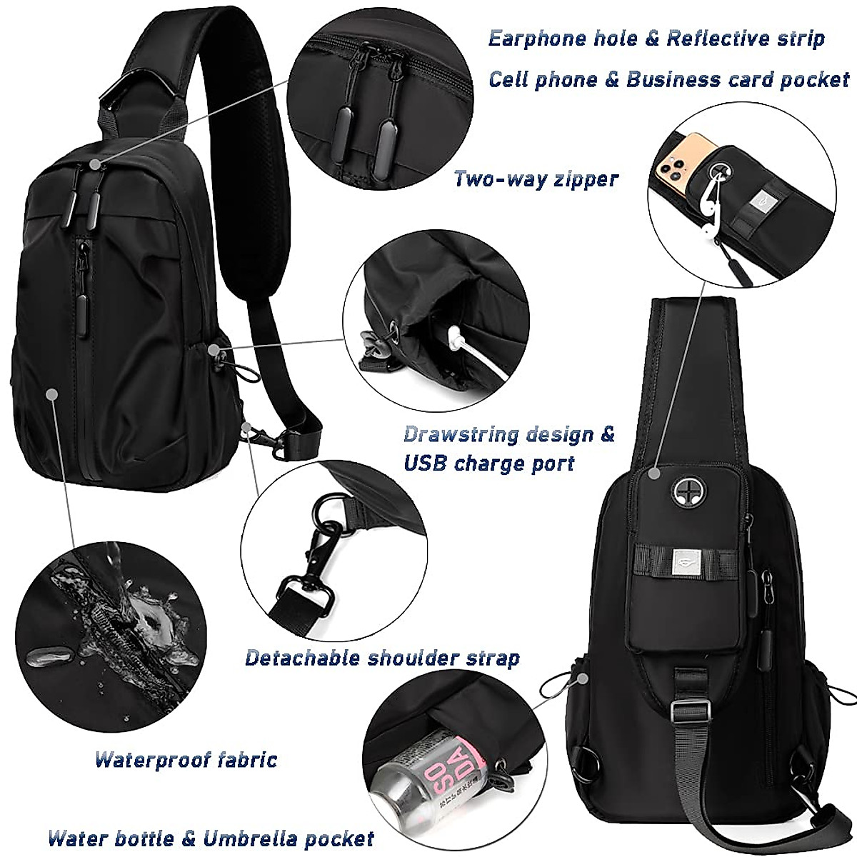 NUFR Sling Backpack Sling Bag Crossbody Backpack for Women Men Waterproof Chest Shoulder Bag Daypack for Hiking Walking Biking Travel Cycling USB Charger Port(Medium-White)