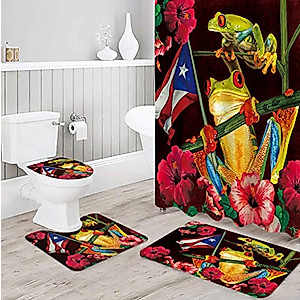 MuswannaA 4 Piece Shower Curtain Sets Puerto Rican Flag Frog with Colorful Hibiscus Flowers Non-Slip Rug, Toilet Lid Cover, Bath Mat Waterproof Shower Curtain Bathroom Sets with 12 Hooks Bath Decor