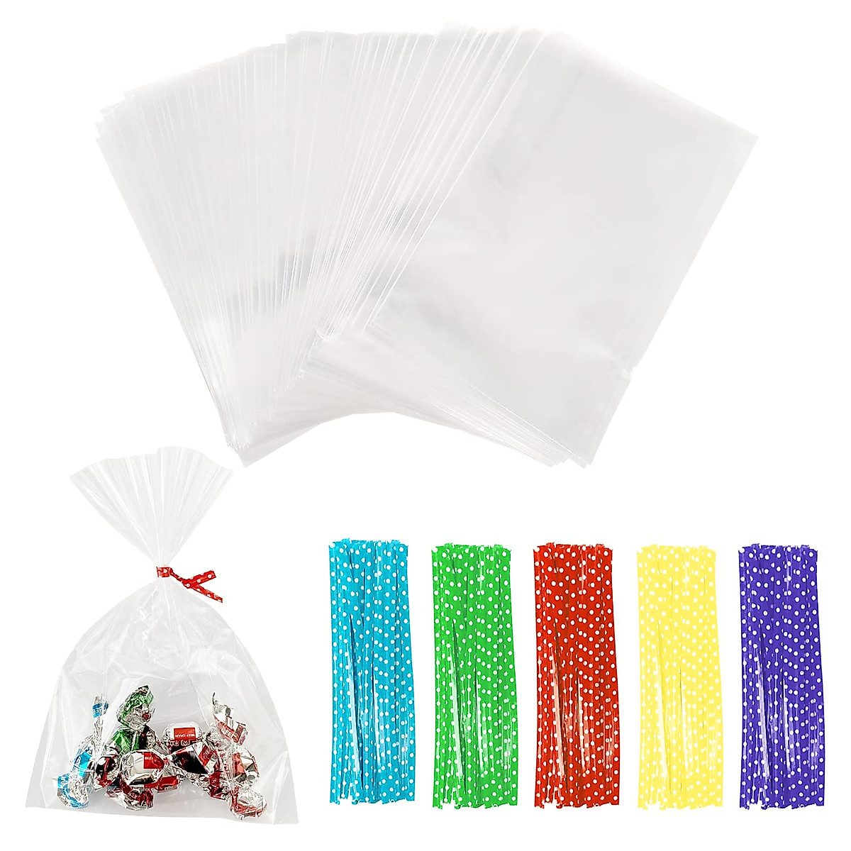 Newkita 6x9 Cellophane Goodie Bags, Clear Treat bags with 4’’ Ties for Cookies Candy Rice Crispy Cakepop Goodie Christmas Thanksgiving Halloween Party Favor Gift Bags, 100Pack