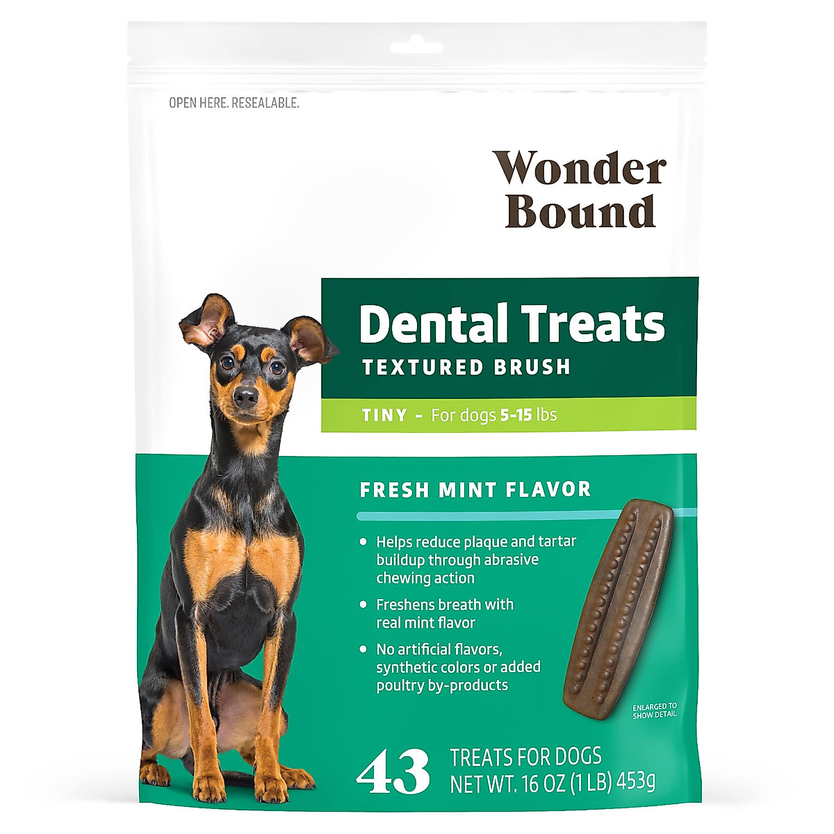 Amazon Brand - Wonder Bound Dog Dental Treats for Tiny Dogs (5-15 lbs), Fresh Mint Flavor, Made with Real Chicken, Nubbed Texture for Plaque & Tartar Control, Freshens Breath While Chewing, 43 Count