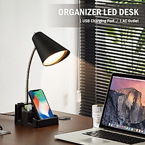 ONEXT LED Desk Lamp with 1 USB Charging Port and 1 AC Outlet, Organizer Base, On/Off Switch, Modern Table Lamp for Reading, Working, Studying, Eye Protect