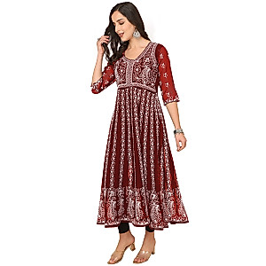 EthnicJunction Women's Georgette Chikankari Embroidery Anarkali Kurta (X Large) (Rust Orange)