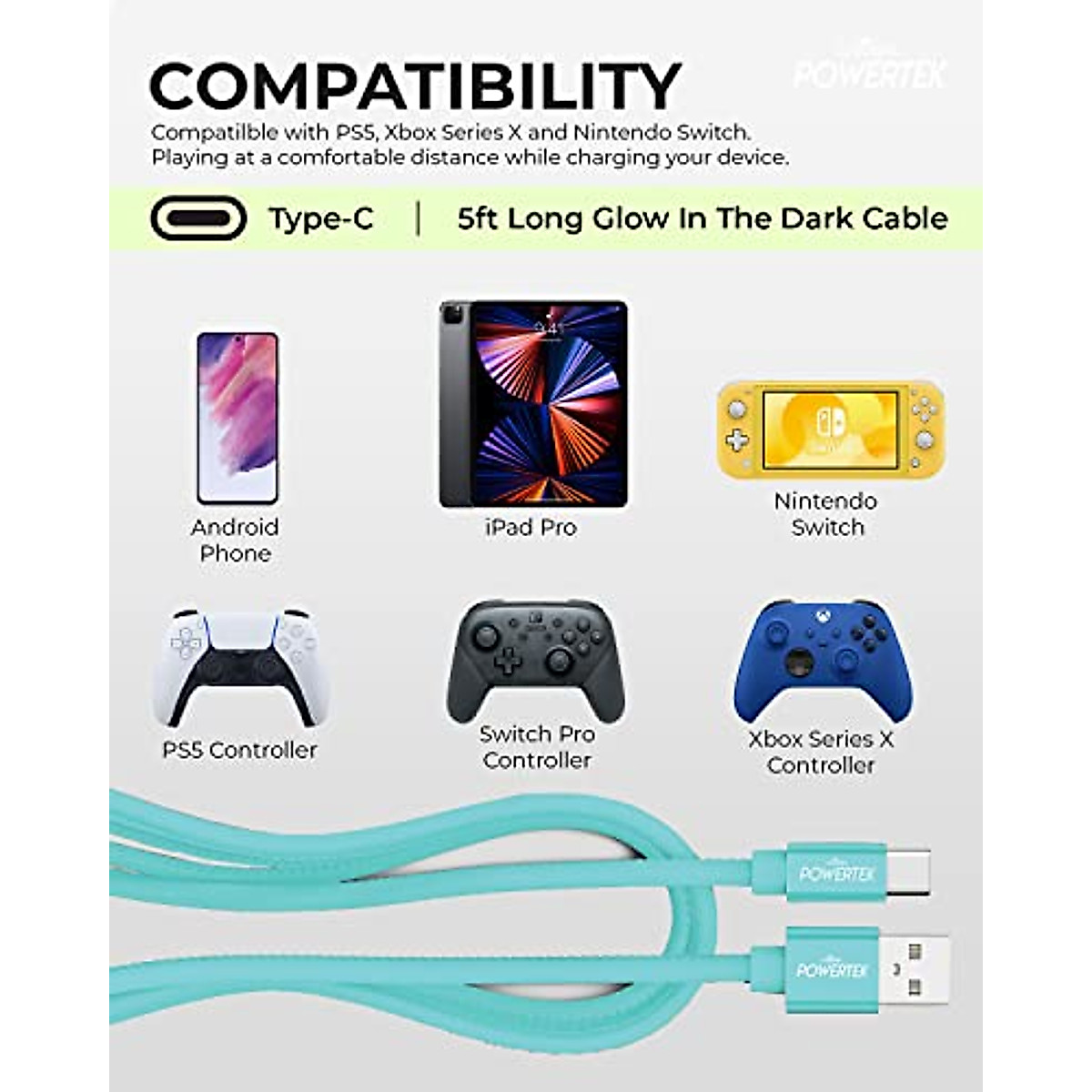 LIQUIPEL USB Type C Cable 5ft, USB A 2.0 to USB-C Fast Charger Extra Long Durable, Glow Cables (Blue)