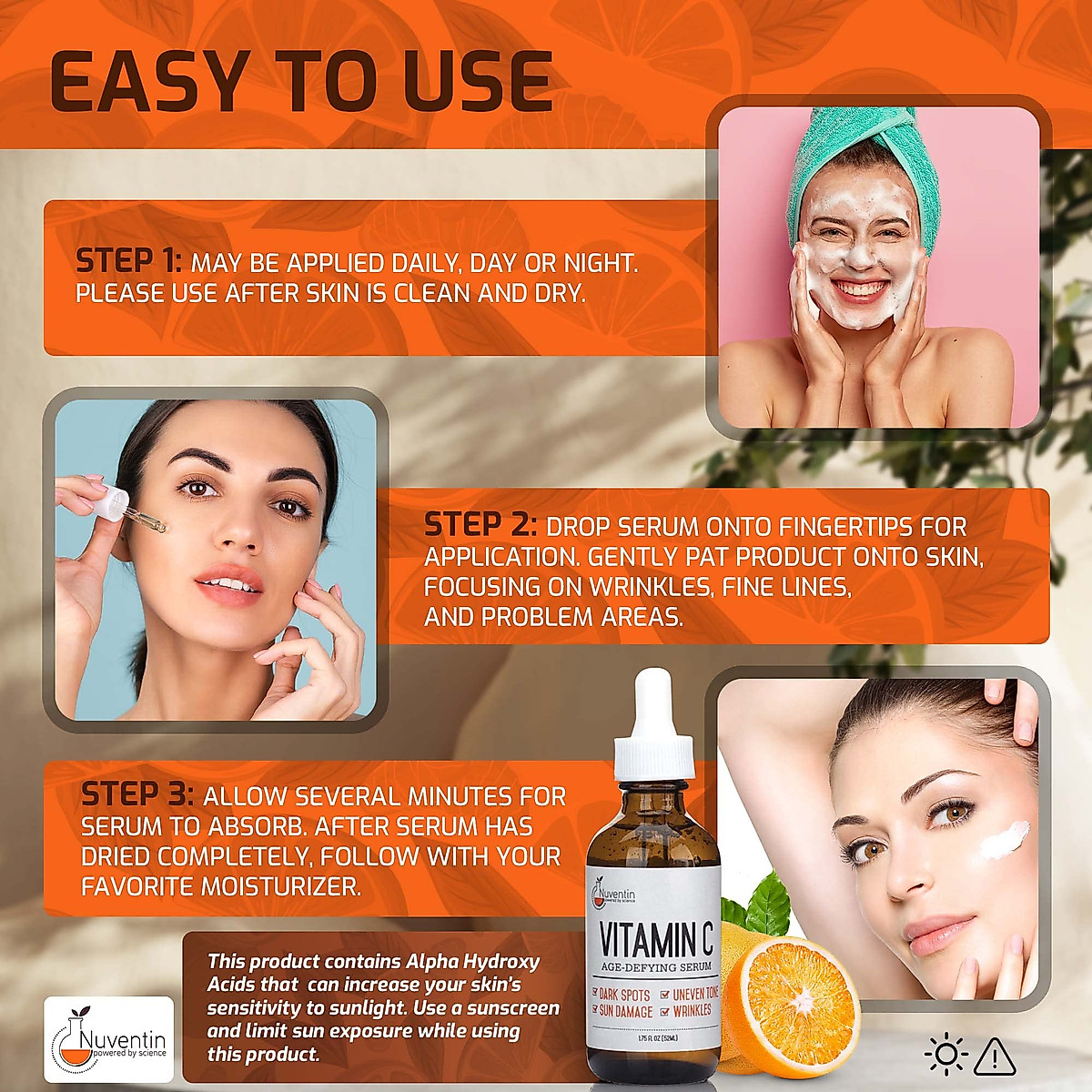 Nuventin Pure Vitamin C Facial Serum Skin Care Anti-Aging Moisturizer Vitamin C Face Booster W/Antioxidants For Dry Skin, Age Spots, Sun Damaged Skin, Wrinkle Repair, & Uneven Skin Tone, 1.75 Fl Oz