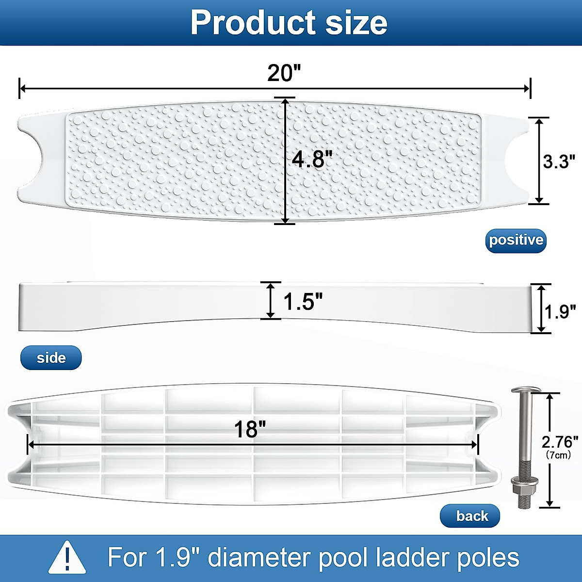 Goovilla Pool Ladder Steps Replacement, (6-Pack) 18" Universal Heavy-Duty Molded Plastic Swimming Pool Ladder Rung Step with 12 PCS Stainless Steel Bolts for Inground and above Ground Pools, White