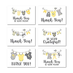24 Clothesline Baby Shower Thank You Cards With Envelopes, Girl or Boy Sprinkle Thank-You Note, 4x6 Gratitude Card Gift For Guest Pack, Gender Neutral Reveal DIY So Grateful Varied Event Stationery