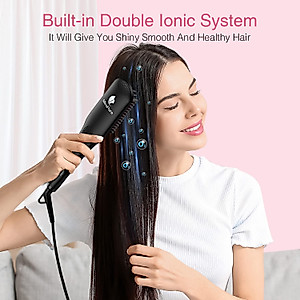 Enhanced Ceramic Hair Straightener Brush by MiroPure, 2-in-1 Ionic Straightening Brush with Anti-Scald Feature, Auto Temperature Lock & Auto-Off Function (Black)