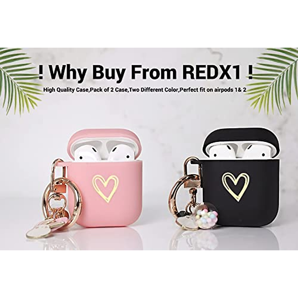 REDX1 [2 Pack] Airpods Case Gold Heart Design Protective Cover with Lucky Ball Keychain Accessories,Soft TPU for Women,Girl,Teen Compatible with Airpods 1&2nd Generation (Black,Pink)