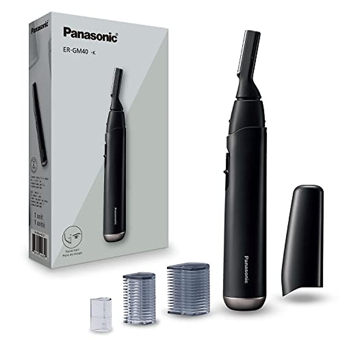 Panasonic Facial Hair Trimmer for Sensitive Skin, Unisex Detailer with Flexible Head, Gentle on Acne, Includes 2 Eyebrow Attachments, Wet/Dry - ER-GM40-K (Black)