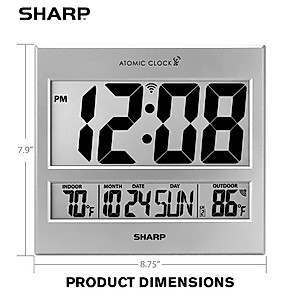 Sharp Atomic Clock - Atomic Accuracy - Never Needs Setting! -Silver Tech Style - Jumbo 3" Easy to Read Numbers - Indoor/Outdoor Temperature Display with Wireless Outdoor Sensor - Easy Set-Up!