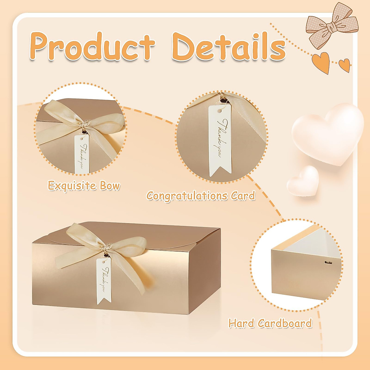 12Sets Valentines Day Gift Boxes with Lids,10x8x4inch Large Paper Present Box,Bridesmaid Proposal Box with Ribbon Thank You Card (Rose Gold)