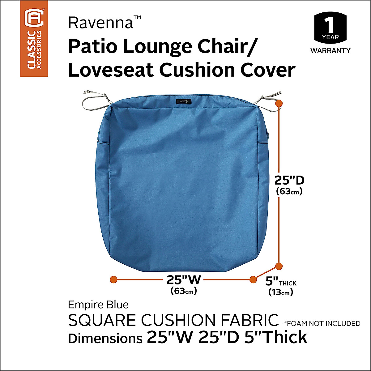 Classic Accessories Ravenna Water-Resistant Patio Lounge Chair/Loveseat Cushion Cover, 25 x 25 x 5 Inch, Empire Blue, Patio Furniture Cushion Covers