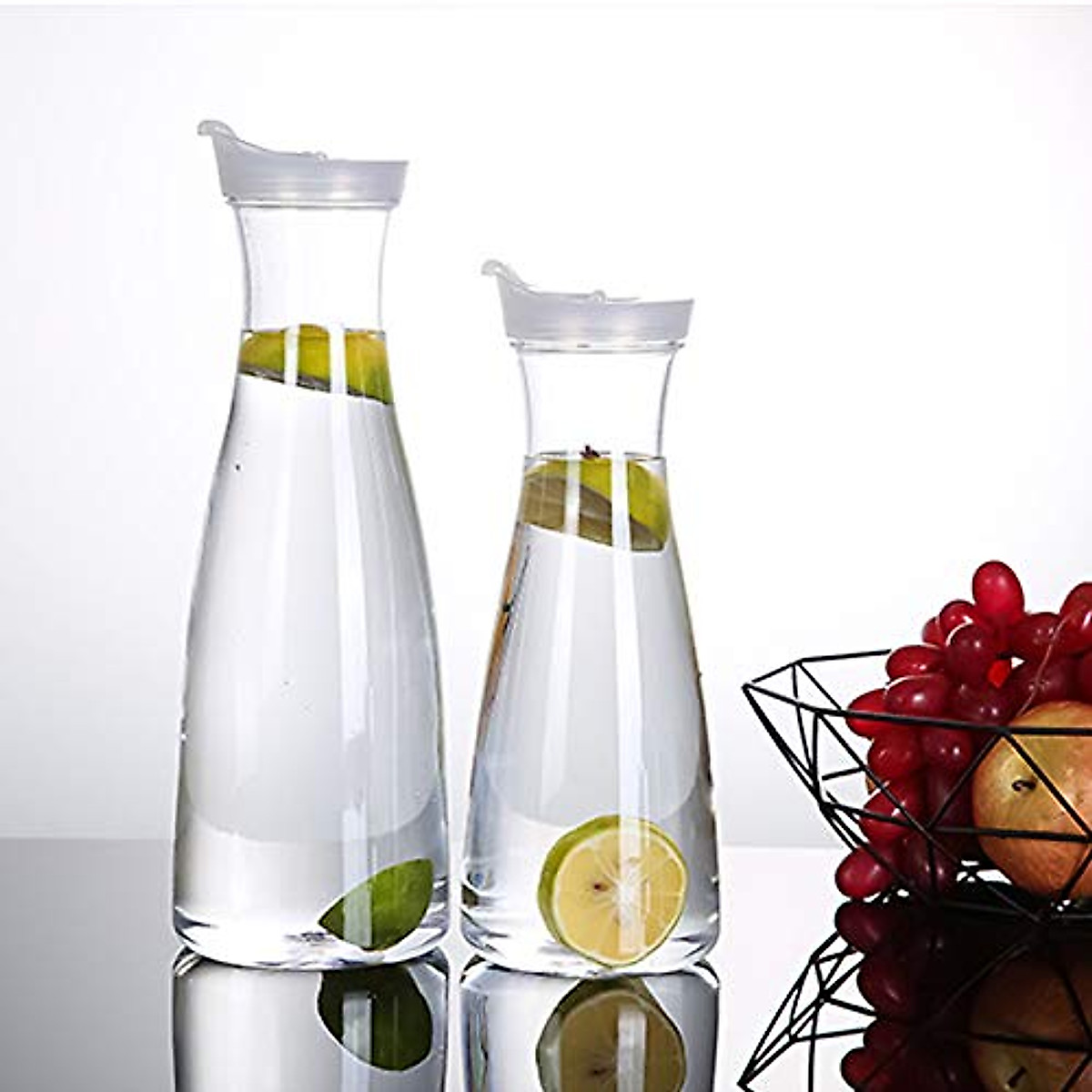 2Pcs Plastic Water Pitcher Clear Juice Containers with Flip Top lids - Narrow Neck for Easy Grip Wide Mouth - Juice carafe for Iced Tea, Powdered Juice, Cold Brew, Mimosa Bar (1550ml / 52.4oz)