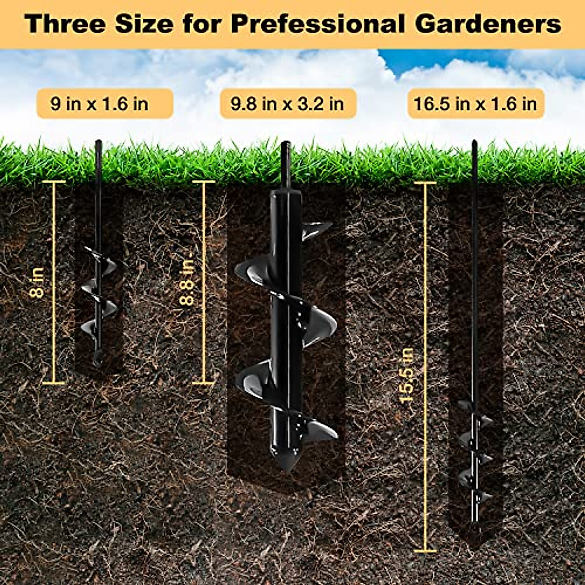 Auger Drill Bit for Planting of 3 Pack (1.6''x9'' & 1.6''x16.5'' & 3.1''x9.8'') - Post Hole Digger for 3/8" Hex Drive Drill with Gloves, Garden Auger Spiral Drill Bit for Bed Cultivat Seedl Dig Weed