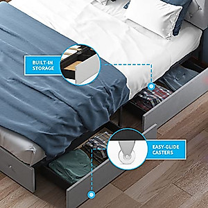 Mjkone Full Size Bed Frame, Upholstered Platform Bed Frame with 4 Built-in Storage Drawers & Adjustable Headboard, Button Tufted Design, No Box Spring Needed- Light Grey