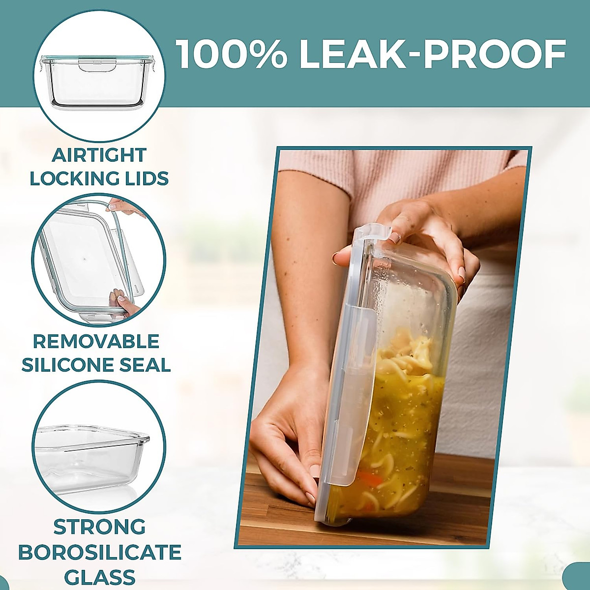 6.5 Cups/ 52 Oz 4 Piece (2 Containers +2 Lids) Glass Food Storage/ Baking Container Set w/Locking Lid - For Storing & Serving BPA Free & Leak Proof - Microwave, Dishwasher, Fridge, Freezer n Oven Safe