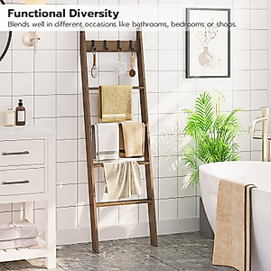 HOOBRO Blanket Ladder for Living Room and Bedroom, 5-Tier Wall Leaning Towel Rack for Bathroom, Decorative Ladder Shelf with 4 Removable Hooks, Farmhouse Blanket Storage, Mocha MA51CJ01G1