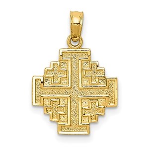 Solid 14k Yellow Gold Textured Jerusalem Cross Pendant 22 mm x 15 mm