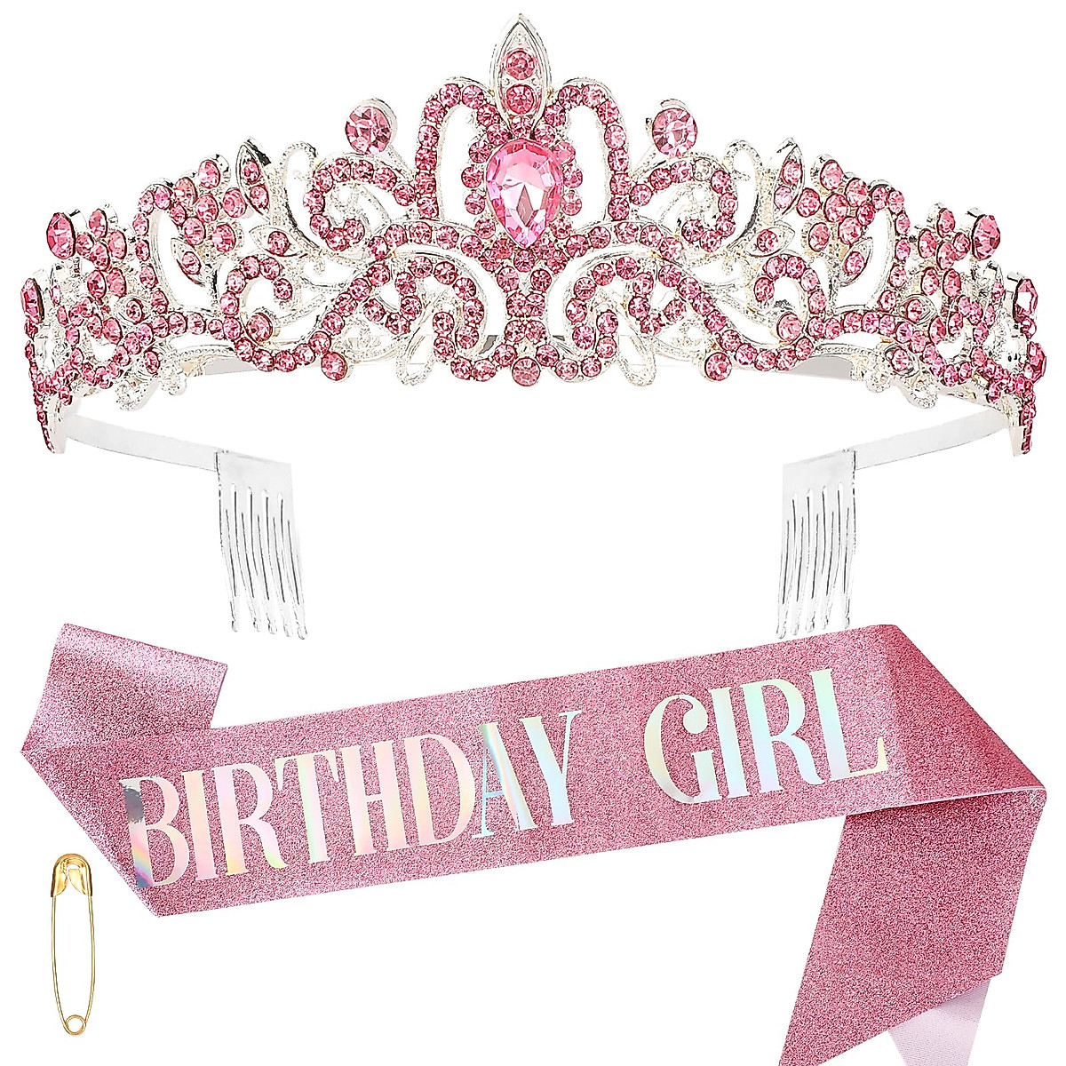 GINZU Pink Headbands Birthday Tiaras for Girls, Birthday Crown Sash Happy Birthday Girl Tiara Princess Birthday Party Decorations Gifts