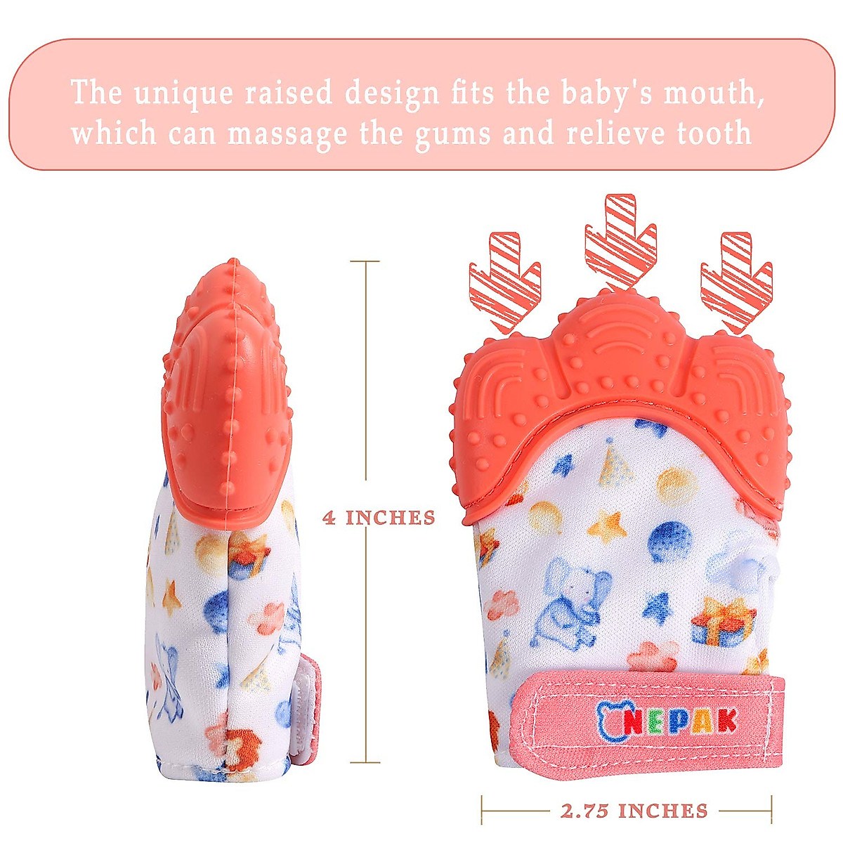 NEPAK Teething Mitten 2 Pairs-Baby Glove Stimulating Teether Toys for Boys & Girls-Teething Glove for Child (Cartoon Puppet,Coral and Mint Colours)