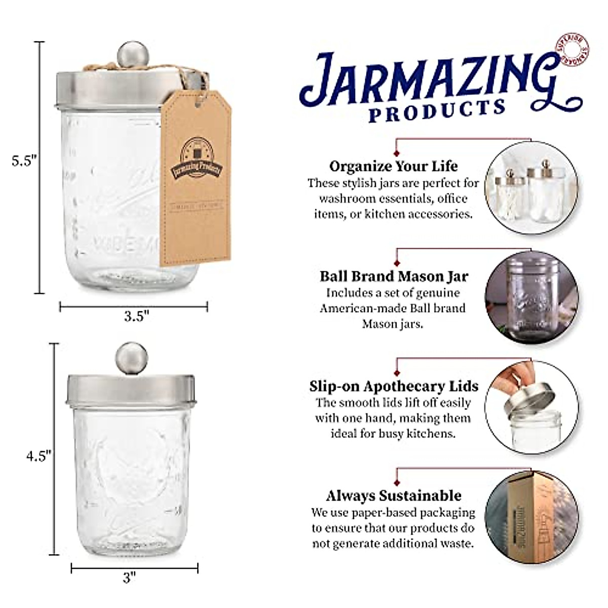 Jarmazing Products Apothecary Lid Storage Set with Ball Mason Jars - Farmhouse Home Decor for Vanity Organization - Luxury Bathroom, Kitchen and Office Accessories - Stainless Steel - Two Pack