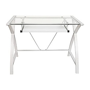 Flash Furniture Clear Tempered Glass Computer Desk with White Pull-Out Keyboard Tray and White Crisscross Frame