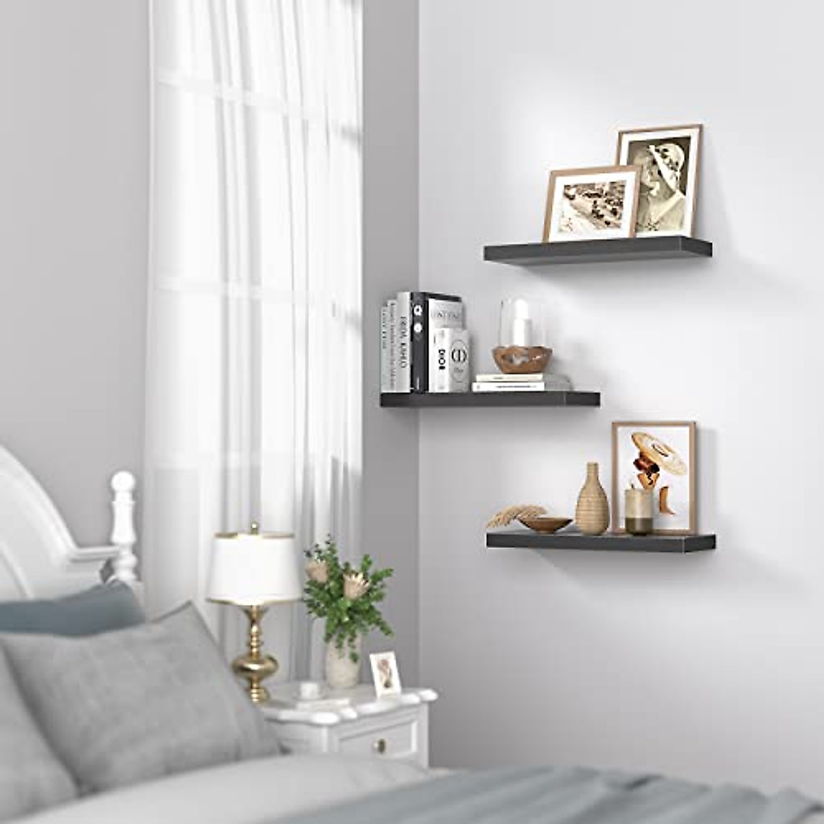 AMADA HOMEFURNISHING Floating Shelves Black, Wall Shelves with Invisible Brackets for Bedroom, Bathroom, Living Room, Kitchen, Set of 3 - AMFS07