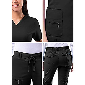 Adar Pro Breakthrough Plus Scrub Set for Women - Enhanced V-Neck Top & Multi Pocket Pants - 4400 - Black - S