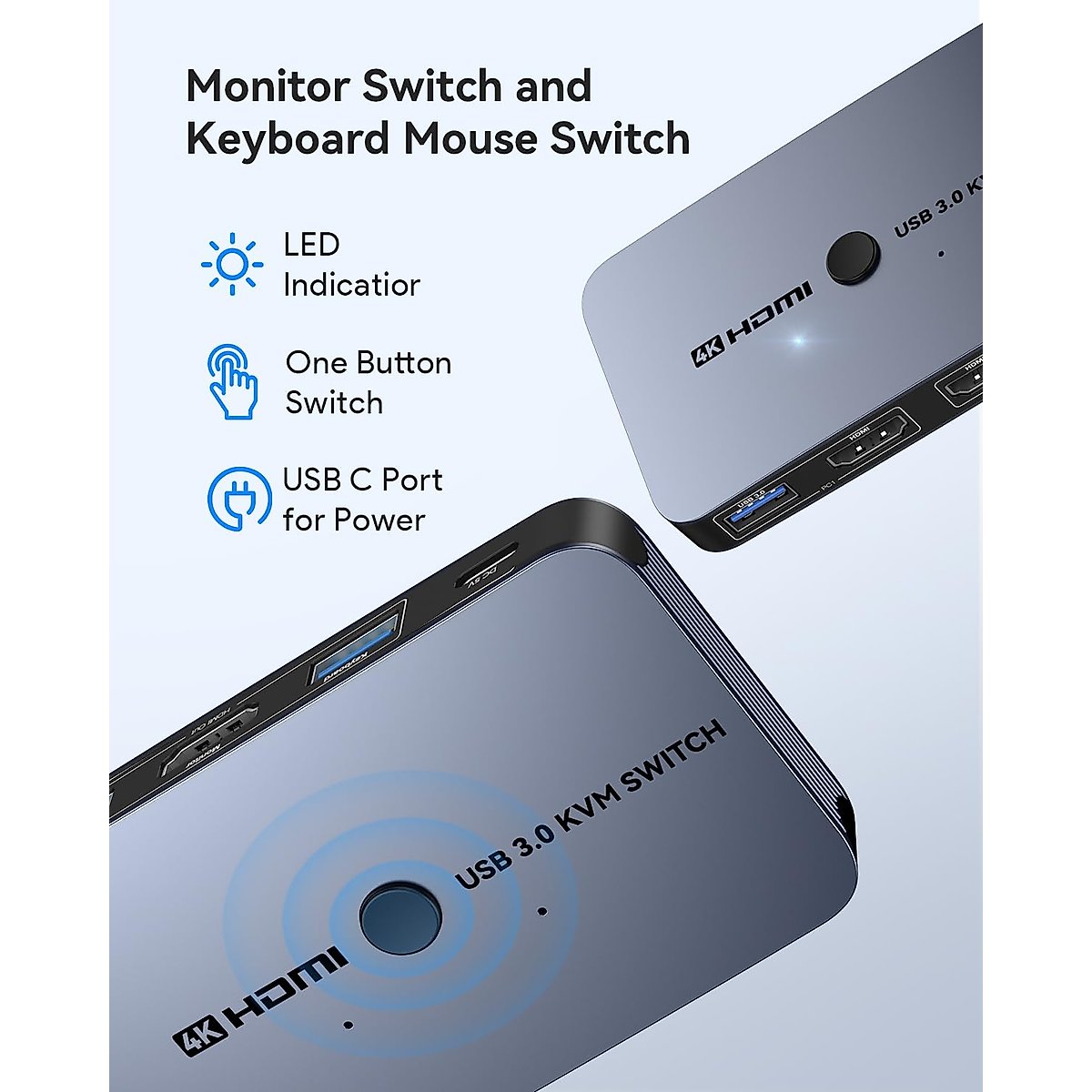 KVM Switch, ABLEWE Aluminum KVM Switch HDMI,USB Switch for 2 Computers Sharing Mouse Keyboard Printer to One HD Monitor, Support 4K@60Hz,2 HDMI Cables and 2 USB Cables Included
