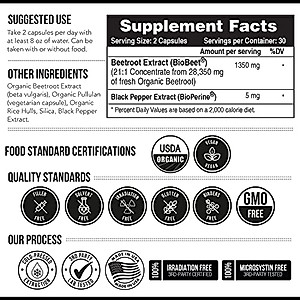 BioBeet® Max Strength Beet Root Capsules - 21:1 Concentrate, Each Serving Derived from 28,350 mg Organic Beetroot - Absorption Enhancement with BioPerine® Black Pepper Extract (60 Capsules)