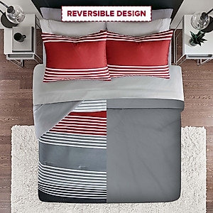 Comfort Spaces Queen Comforter Sets with Sheets - Bed in a Bag 9 Pieces Teen Bedding Sets Queen, Red and Grey Stripes Bedding Queen, College Queen Bed Set with 2 Side Pockets Bedroom Organizer