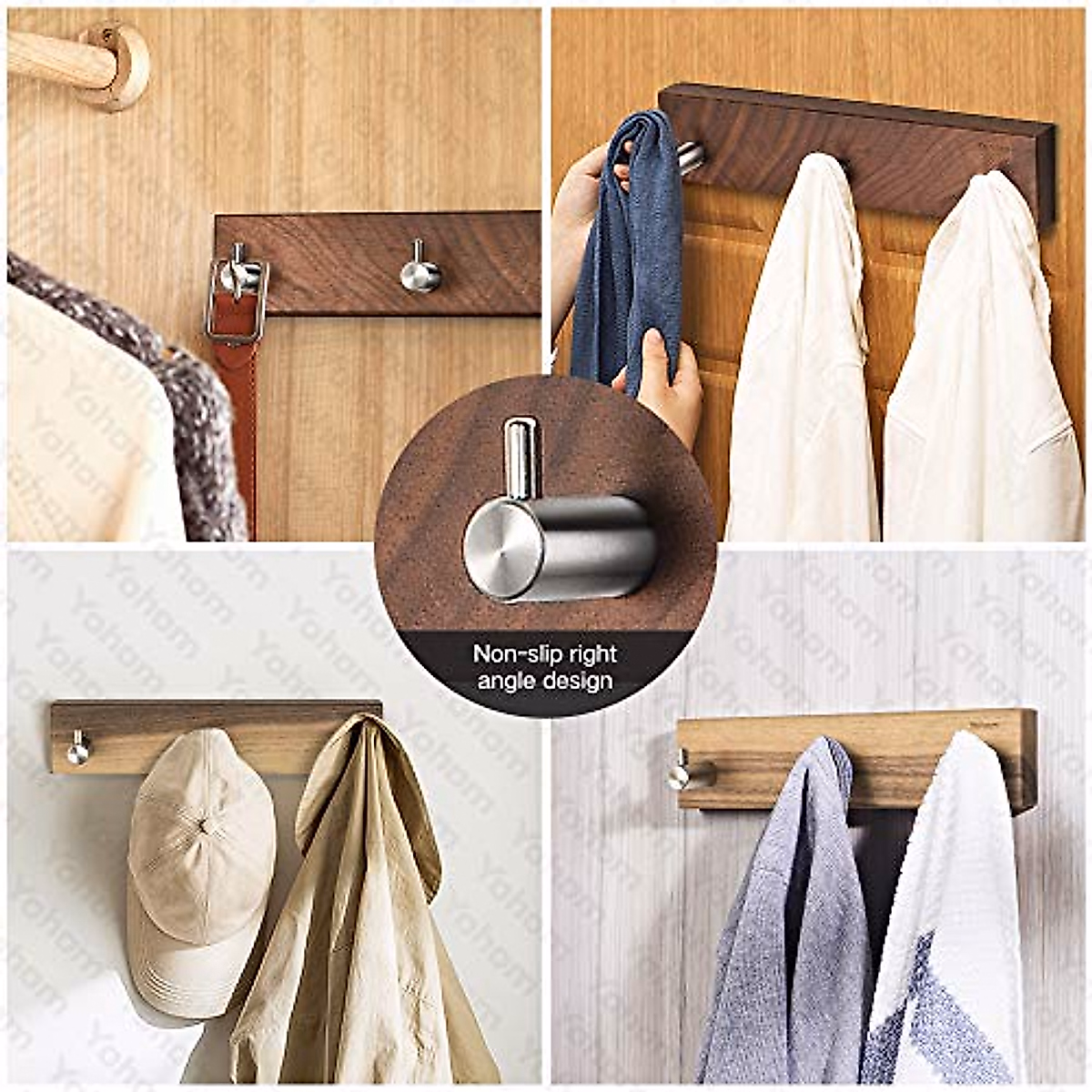YOHOM Key Holder for Wall Adhesive Coat Hanger with Hooks Wood Hat Rack Wall Mounted Towel Hook Rail Organizer for Robe Washcloth Closet Entryway Door Kitchen Hallway