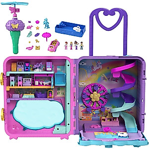 Polly Pocket Pollyville Playset, Resort Rollaway Suitcase, Large Travel Toy with 4 Dolls, Car, 25+ Accessories & Storage