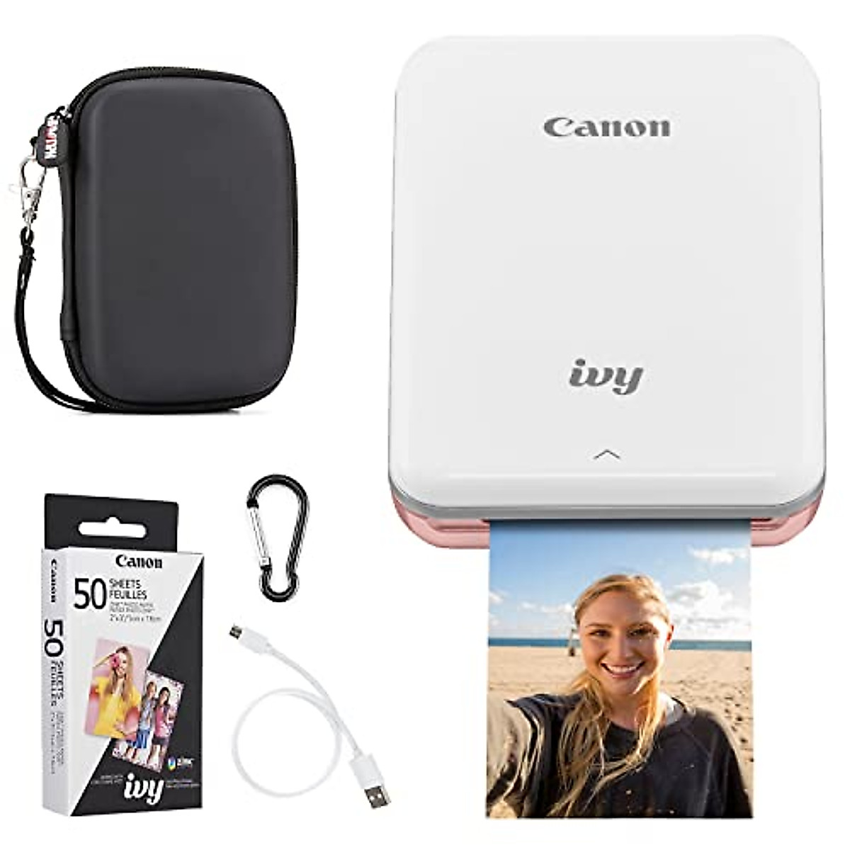 Canon IVY Mini Printer + 60 Sheets of ZINK Photo Paper Sticker (Incl 10 Bonus), Bluetooth Portable Mobile Pocket Compact Printer for Instant Print from Your Smartphone + Hard Carrying Case - Rose Gold
