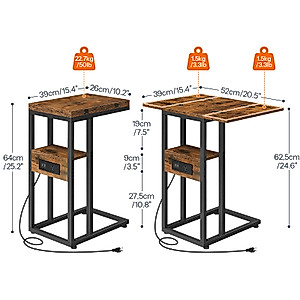 HOOBRO Foldable End Table, C Shaped Side Table with Charging Station, Sofa Couch Table That Slide Under for Living Room Bedroom Small Spaces, Easy Assembly, Rustic Brown and Black BF29USF01